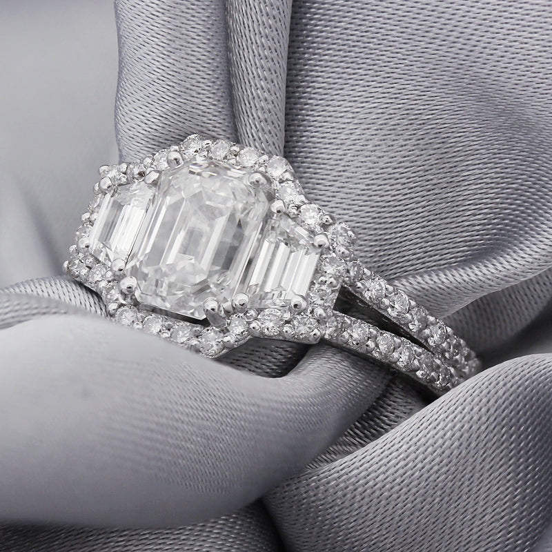 3 stone emerald cut halo engagement ring store