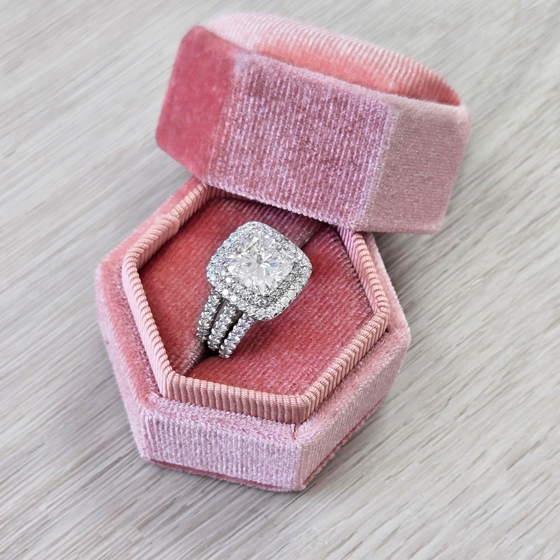 3ct Cushion Cut Triple Shank Double Halo Lab-Grown Diamond Engagement ...