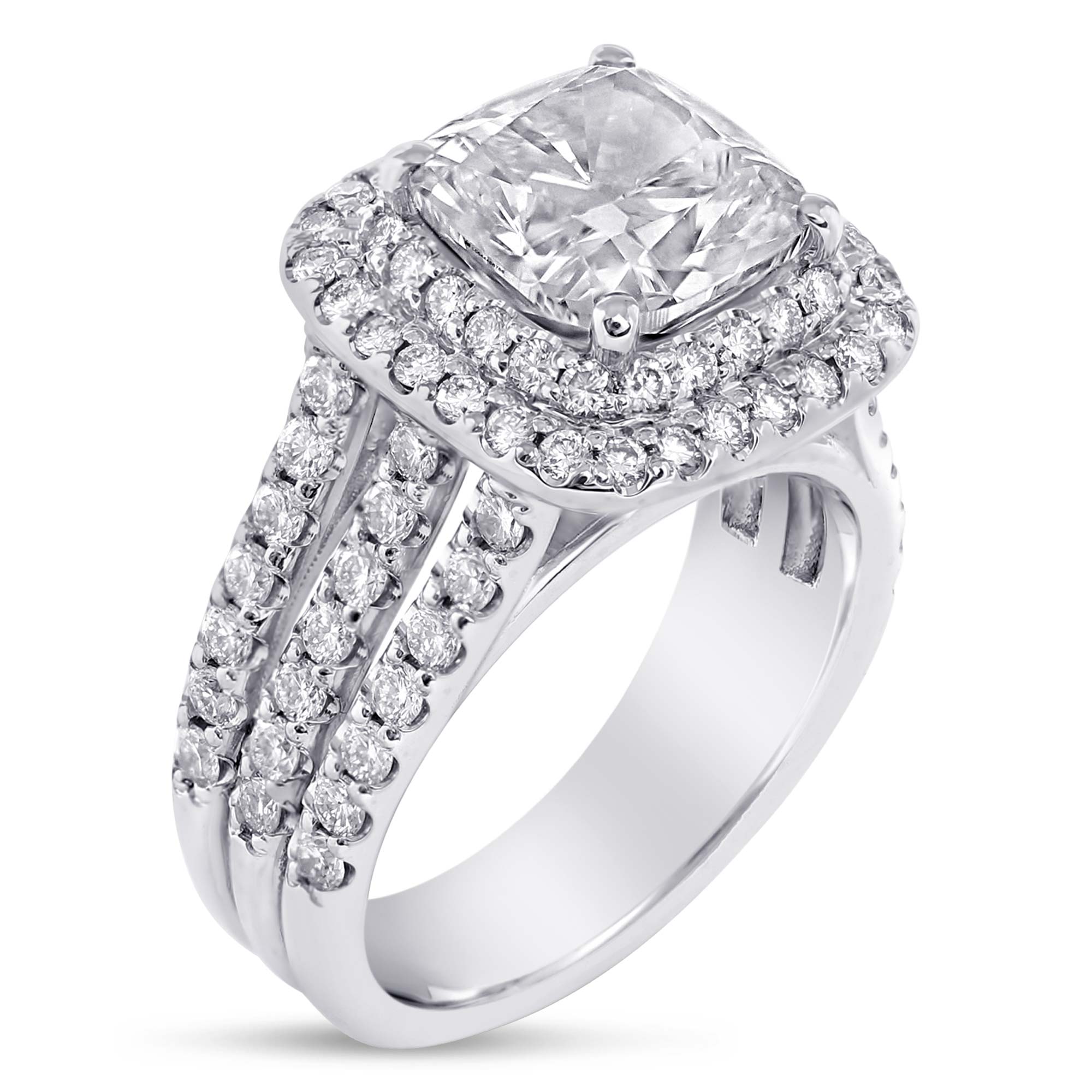 3ct Cushion Cut Triple Shank Double Halo Lab-Grown Diamond Engagement ...