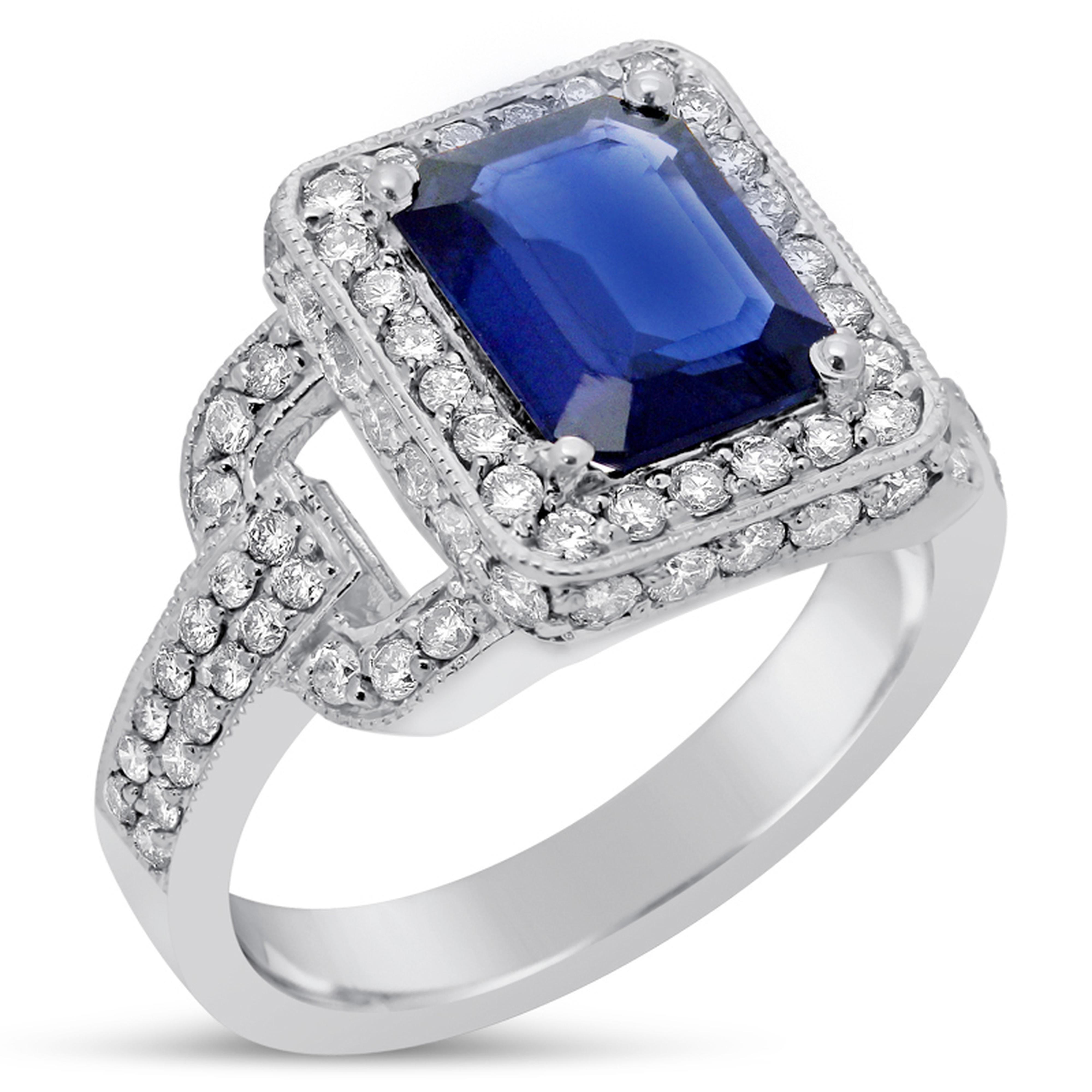 Shop emerald cut sapphire ring with pave diamonds engagement ring ...