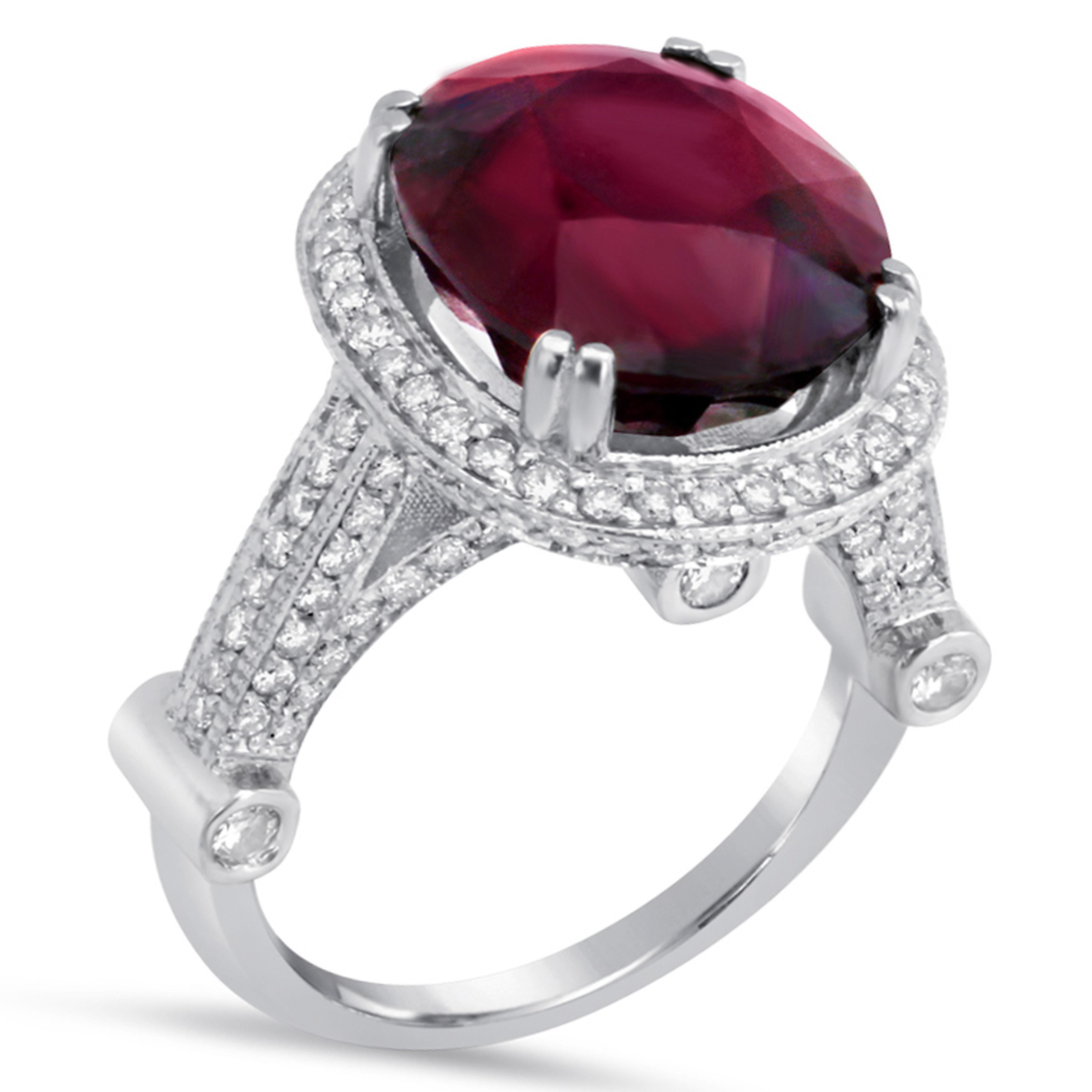 Oval cut red ruby antique ornate engagement ring with diamond halo ...
